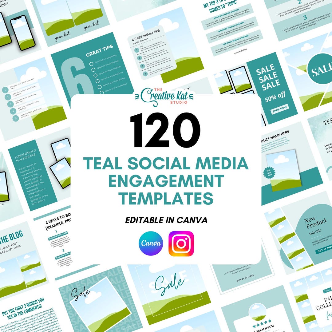 Teal Social Media Templates: 120 Canva Engagement Designs (digital ...