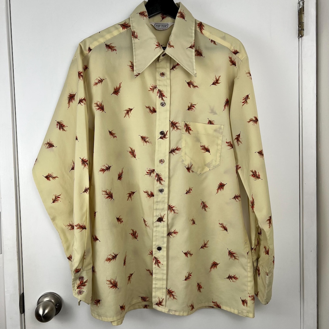 Vintage Tip Top 70s Wide Collar Feather Print Shirt Size L Disco Retro ...