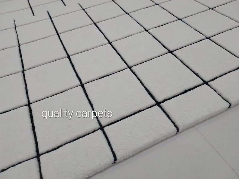 Handmade White Checkered Area Rug for Living Room Bedroom , Modern ...