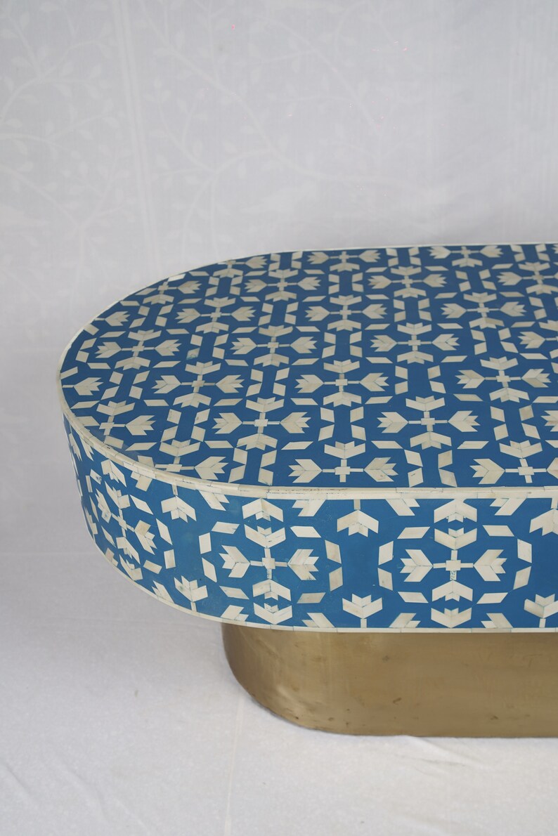 Bone Inlay Targua Design Oval Shape Coffee Table Teal, Bone Inlay ...