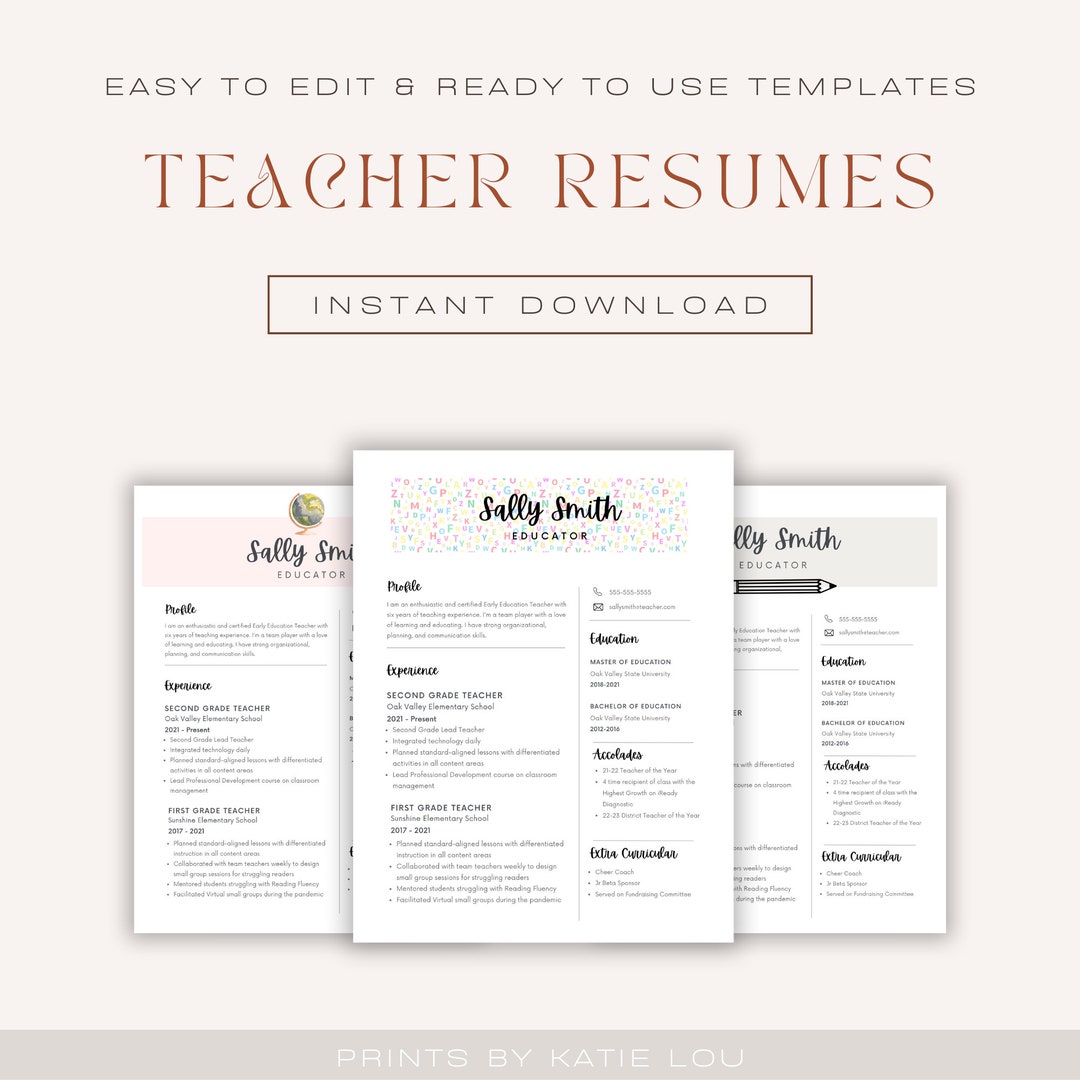 Editable Teacher Resume Bundle 14 Styles Printable Templates - Etsy