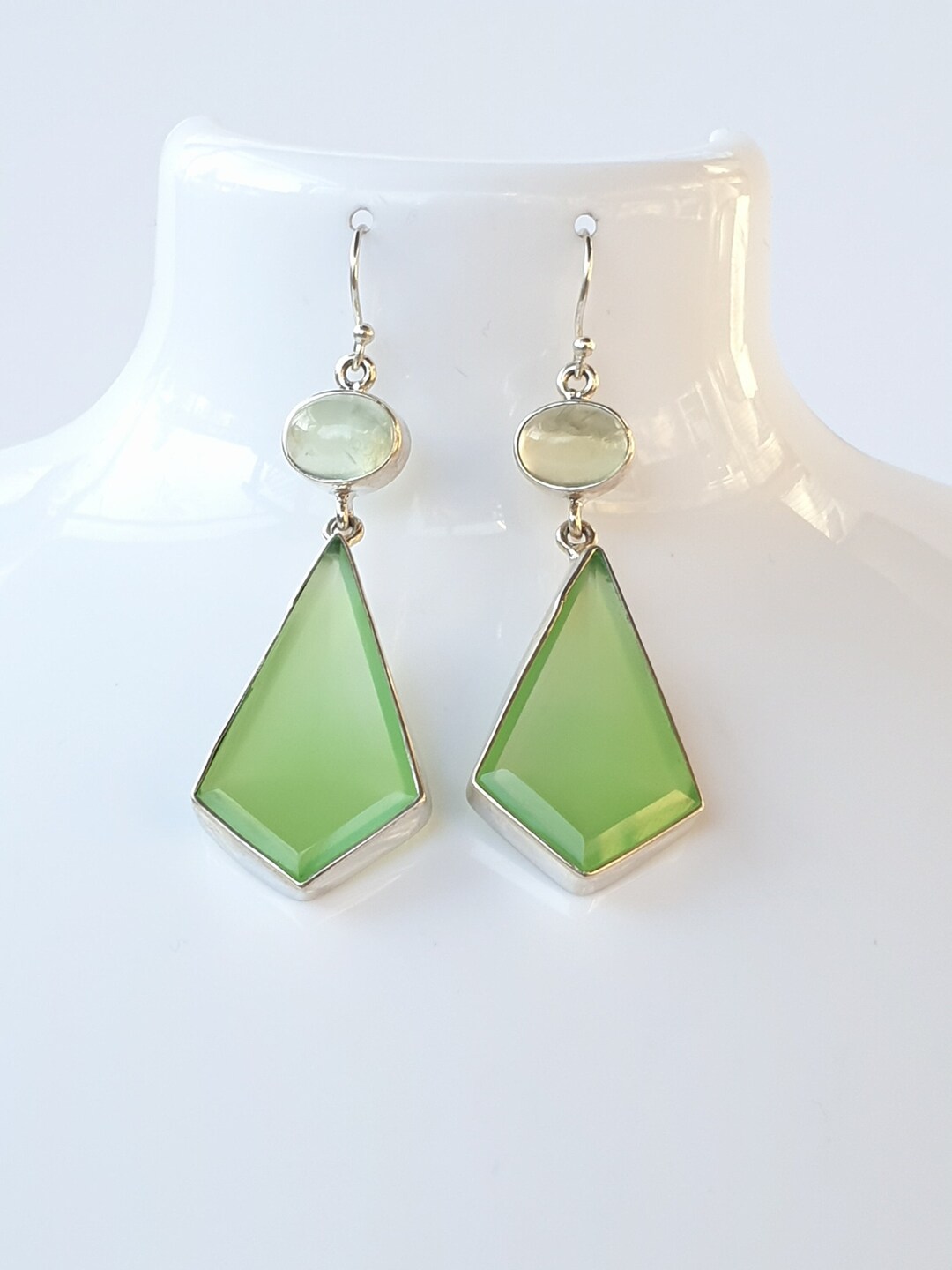 Handmade Green Calcite Prehnite Earrings: Sterling Silver Dangle ...