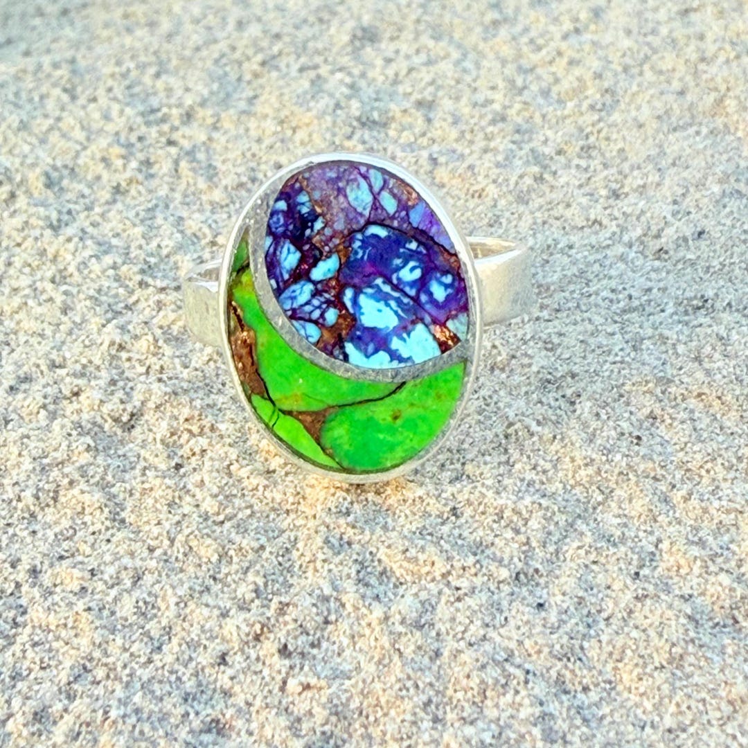 Handmade Green Gemstone Inlay Ring: Afghan Artisan Sterling Silver Band ...