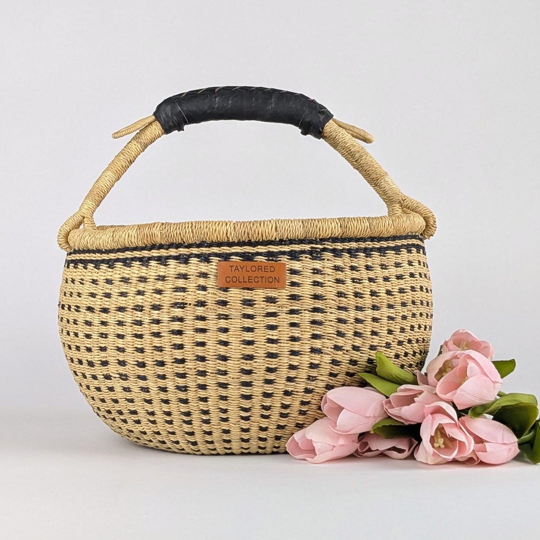 Large Bolga Basket Black Dot Design With a Leather Handle - Handwoven ...