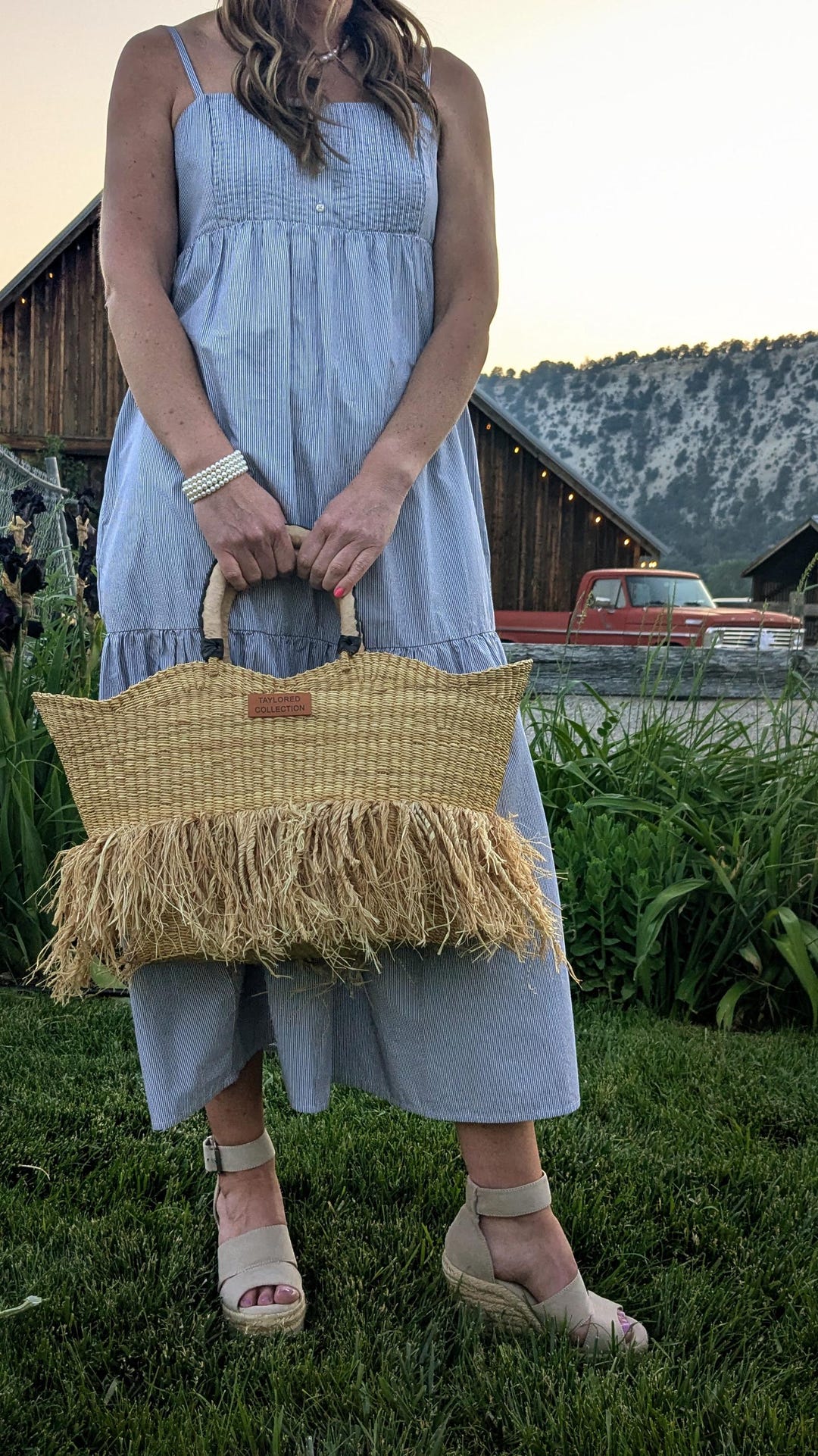 Woven Straw Fringe Tote Bag, Cream Leather Handles - Etsy