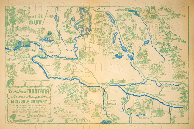 Vintage Western Montana Illustrated Map From 1965 Missoula Hot Springs ...