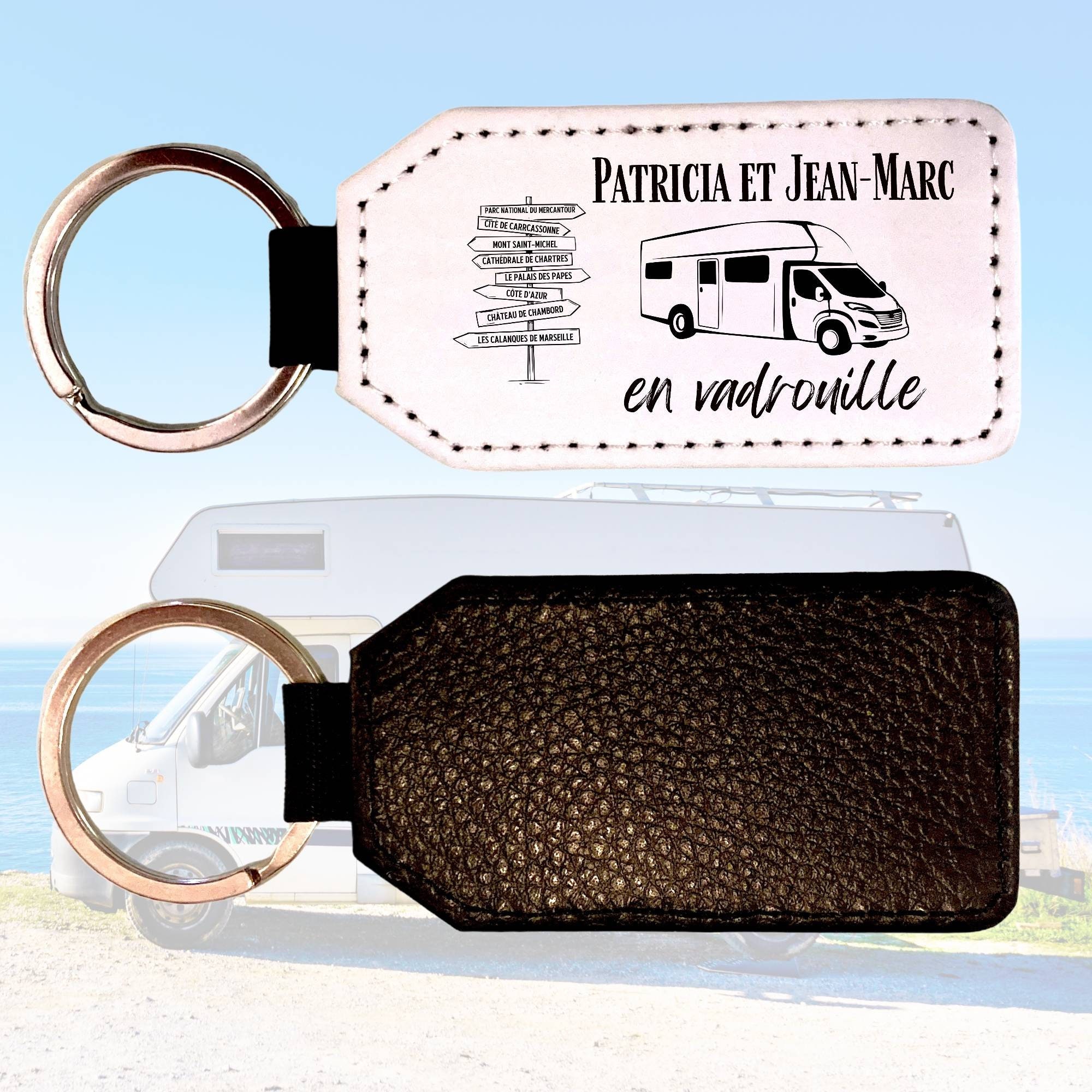 Personalized Camper Van Key Ring in White and Black Imitation Leather ...