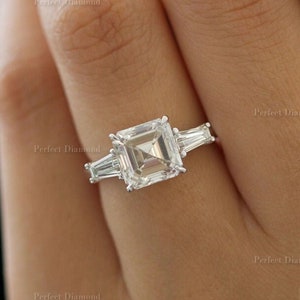 2.5CT Asscher Cut Moissanite Engagement Ring 10K Gold Asscher Three Stone Tapper Baguette ...
