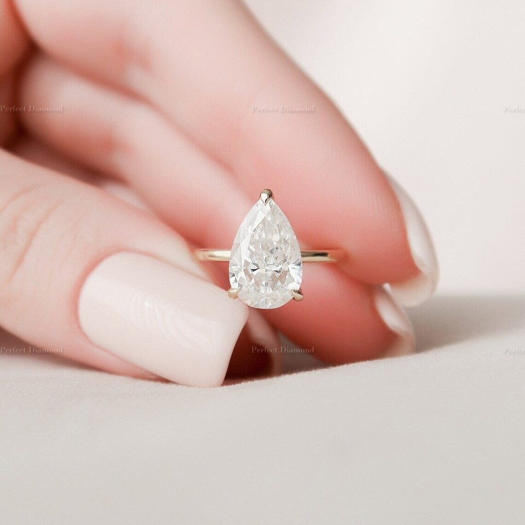 Classic 10K Solid Gold Pear Solitaire Ring/ 2 CT Pear Cut Moissanite ...