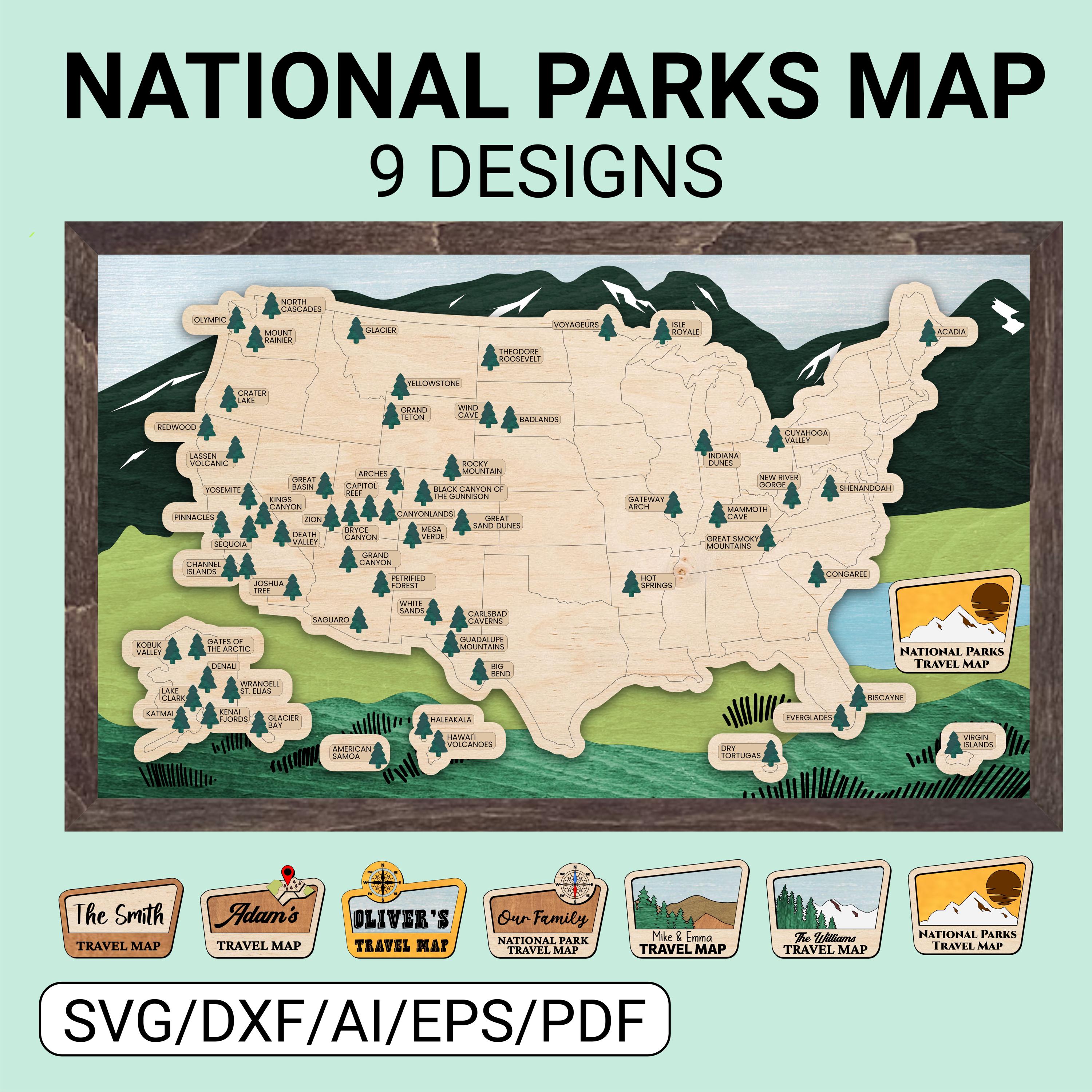 Laser Cut United States National Parks Travel Map SVG DXF File - 9 ...