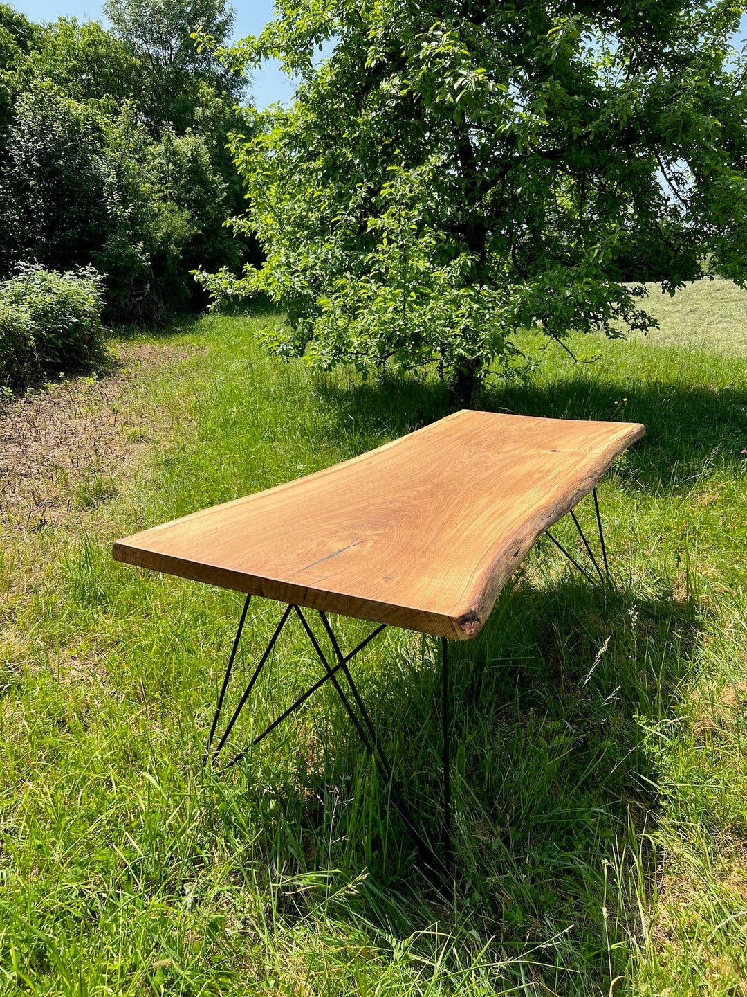 Oak Live Edge Dining Table, Long and Narrow, Solid Wood Table With Hairpin Legs, Customizable ...