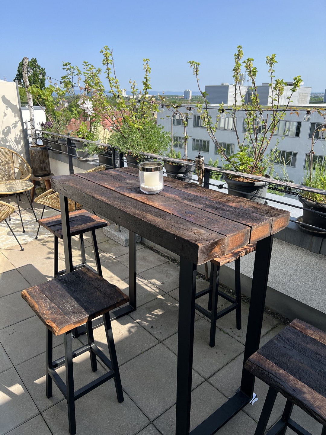 Rustic Reclaimed Wood Bar Table and Stools Set | Handcrafted Garden ...