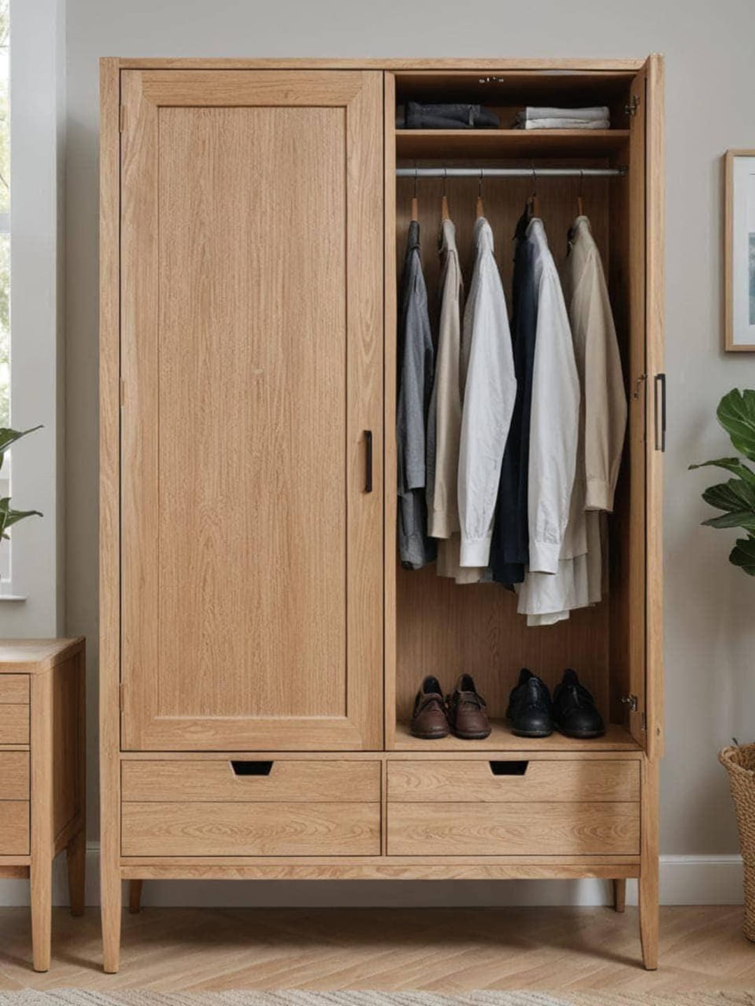 Solid Oak Wardrobe, Oak Wood Wardrobe, Modern 2-door Wooden Wardrobe ...