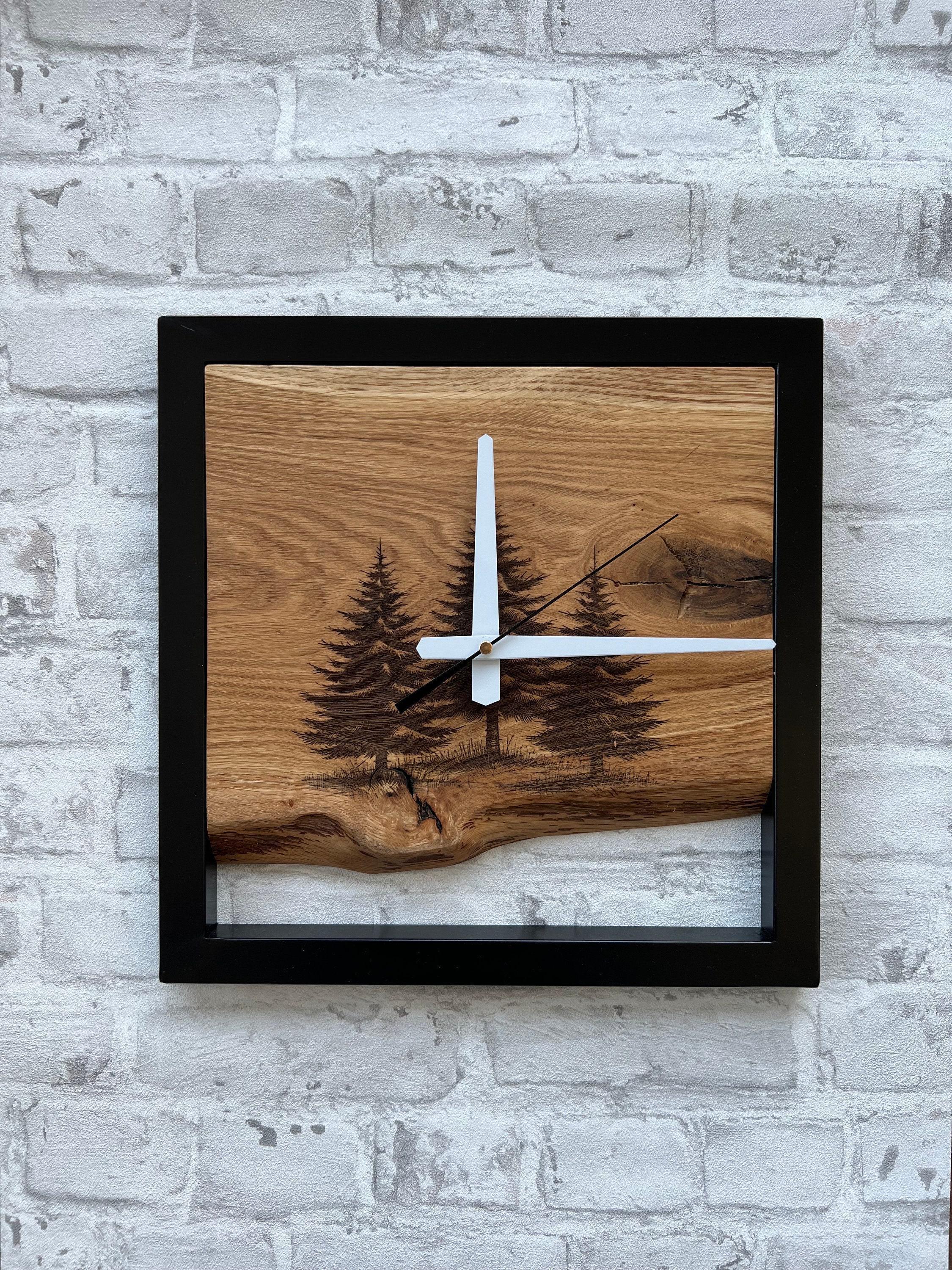 Pine Trees Clock, Carved Wood Wall Clocks, Live Edge & Metal, Forest ...