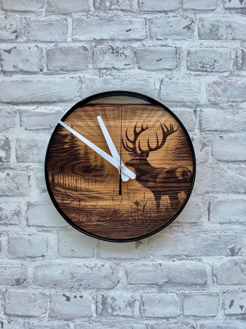 Forest Themed Wall Clock, Silent Round Clock, Carved Live Edge Wood and ...