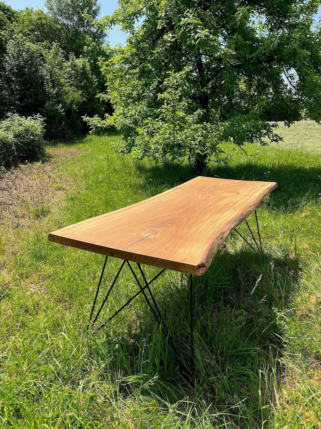 Oak Live Edge Dining Table, Long and Narrow, Solid Wood Table With Hairpin Legs, Customizable ...