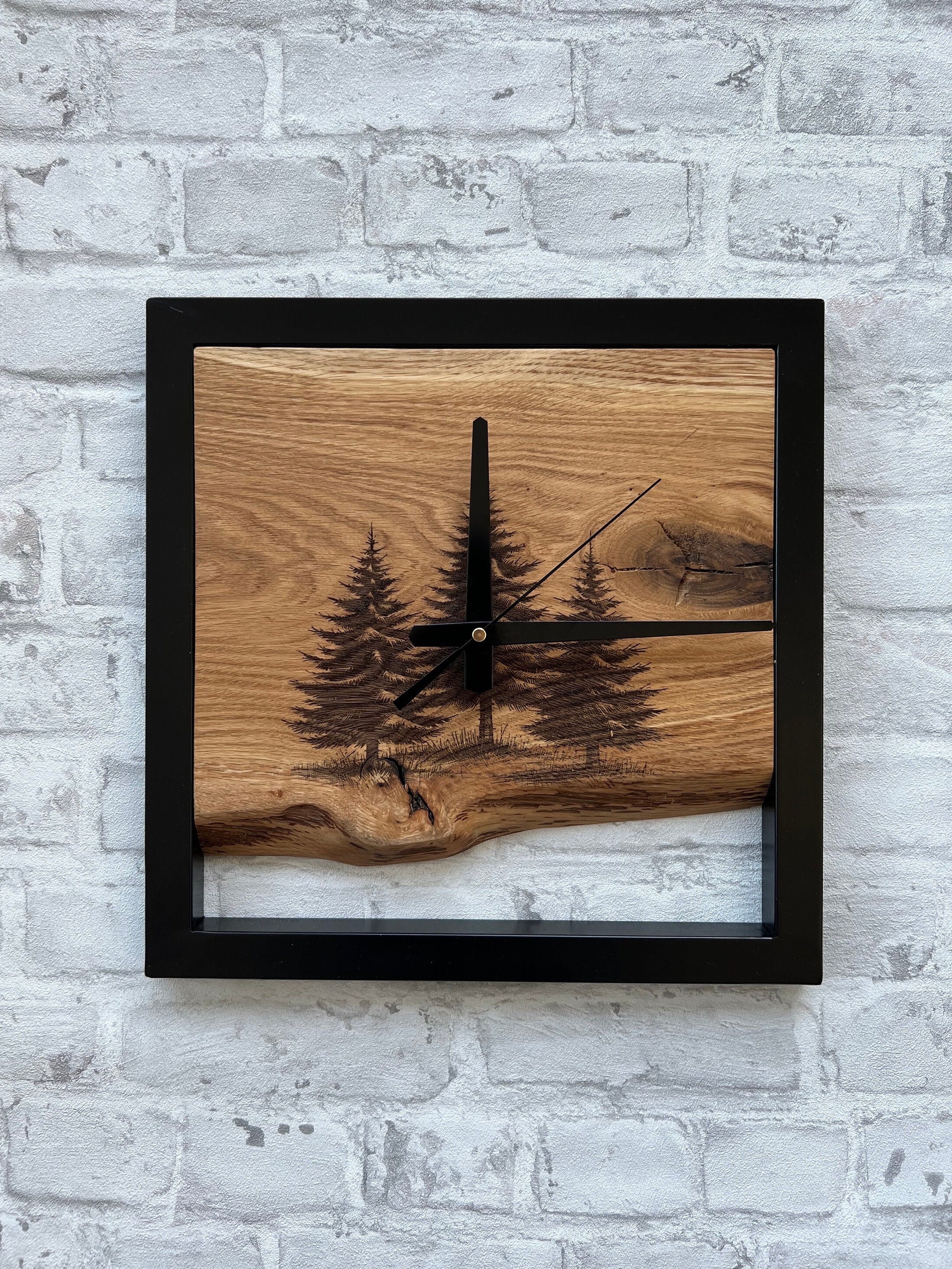 Pine Trees Clock, Carved Wood Wall Clocks, Live Edge & Metal, Forest ...