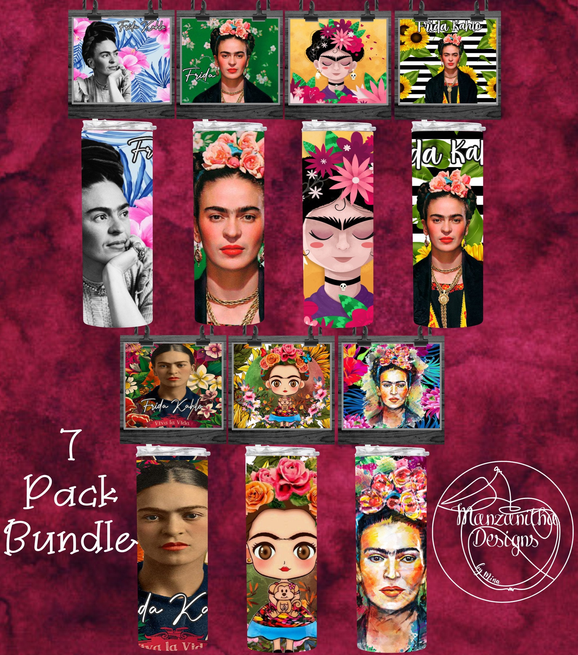 Frida Kahlo 7 Designs Bundle 2 7 Pack Mexican Art Mexico 20oz Tumbler ...