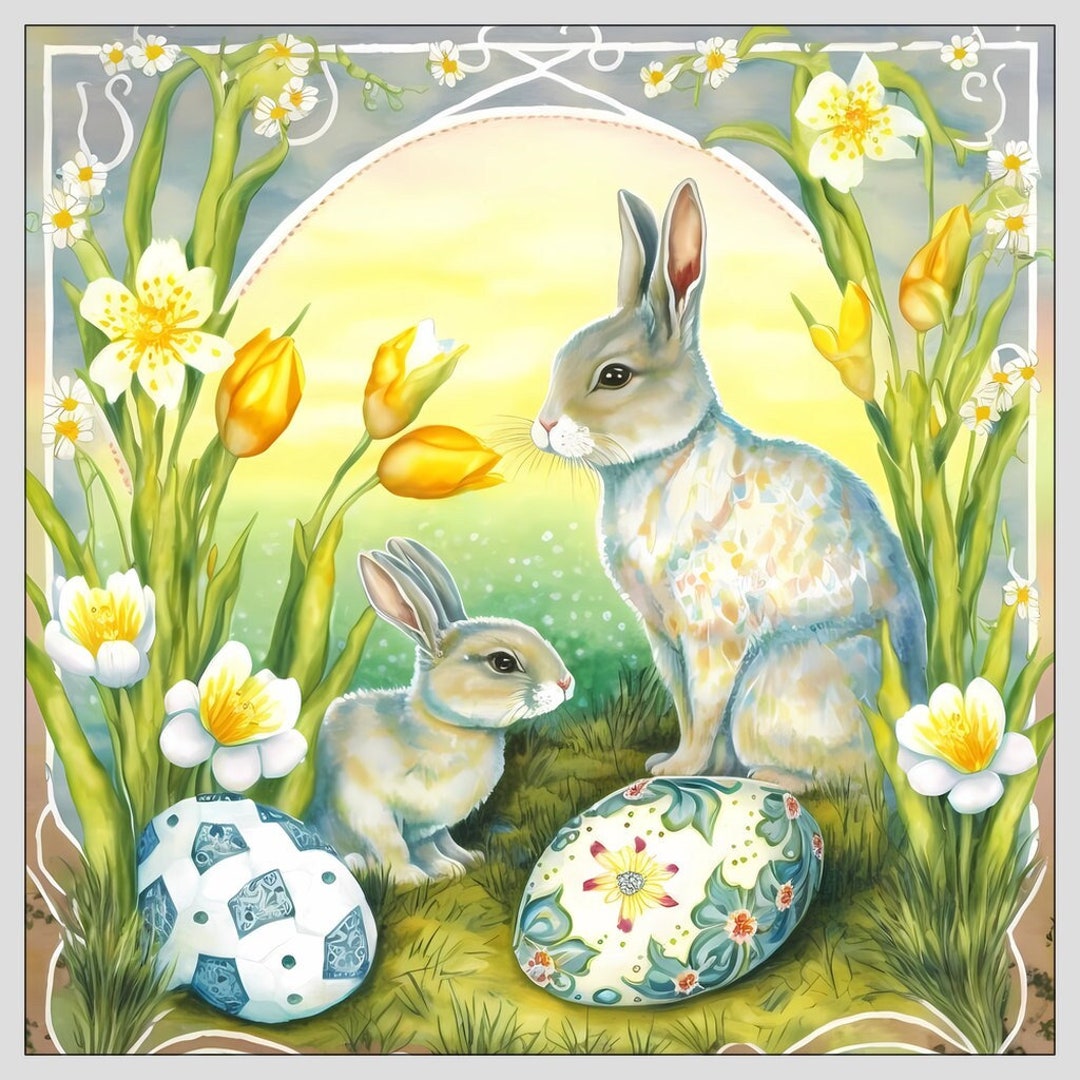 Ostara Altar Art Rabbits With Paitned Eggs & Spring Tulips Seasonal ...