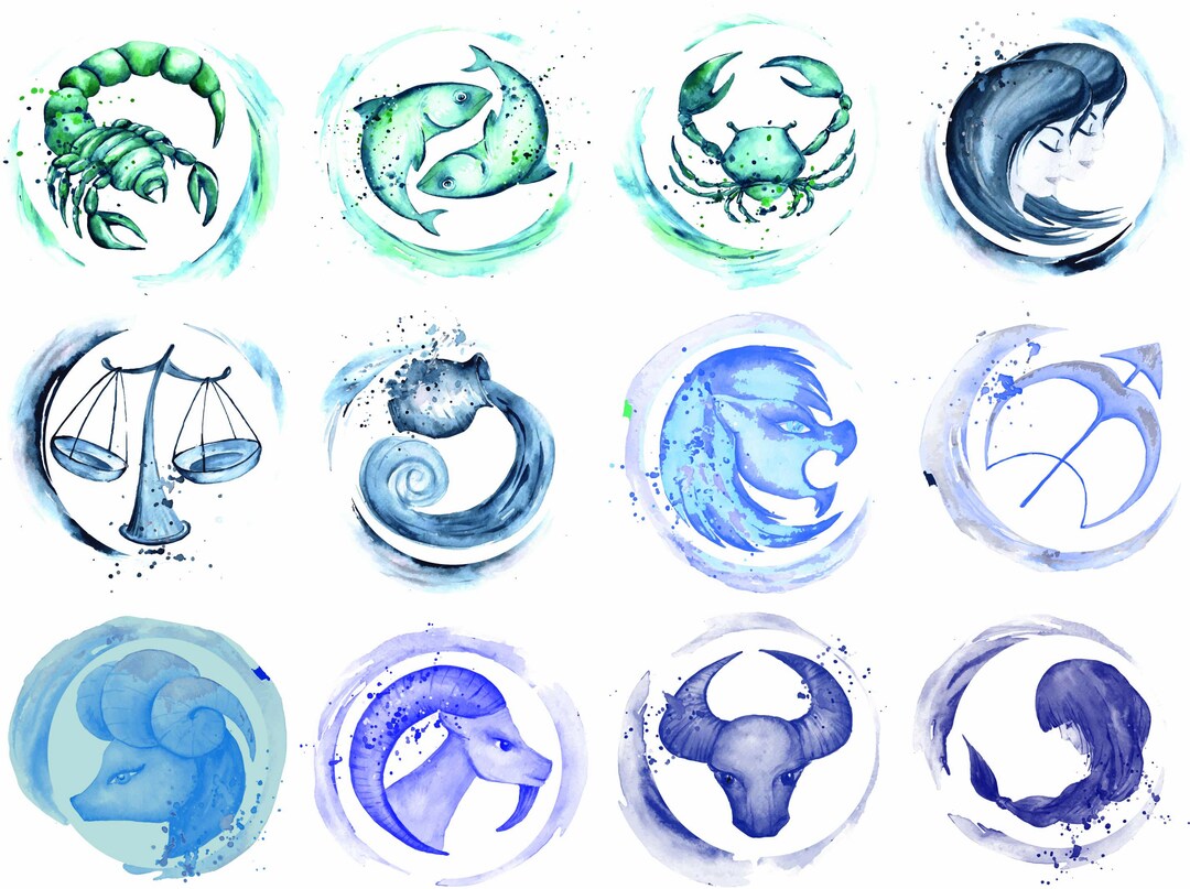 12 Zodiac Watercolor Vector Clipart Set - High-resolution PNG, 400 DPI ...
