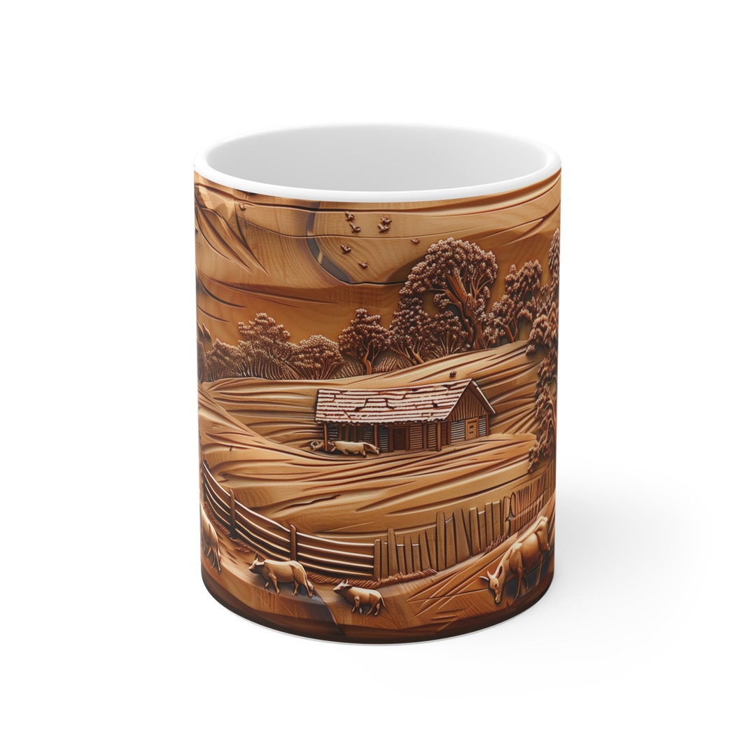 Rustic Farmhouse: Carved Wooden Landscape Mug - Perfect for Nature ...