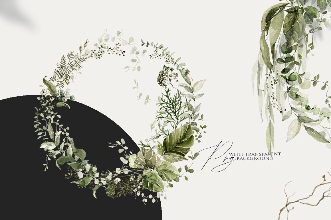 Greenery Wreath Clipart Watercolor Floral Frame Green Leaves ...