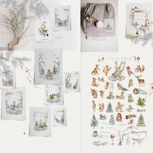 Woodland Christmas Clipart Winter Forest Cute Baby Animals Holiday Bear ...