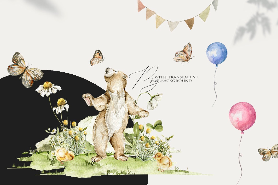 Woodland Animals Clipart Watercolour Cute Bear Balloons Woodland ...