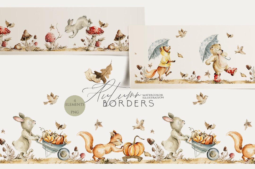 Autumn Forest Border Clipart Watercolor Animals Clip Art Woodland Frame ...