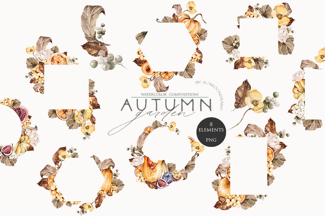 Autumn Floral Clipart Fall Garden Frame Watercolor Pumpkins Autumn ...