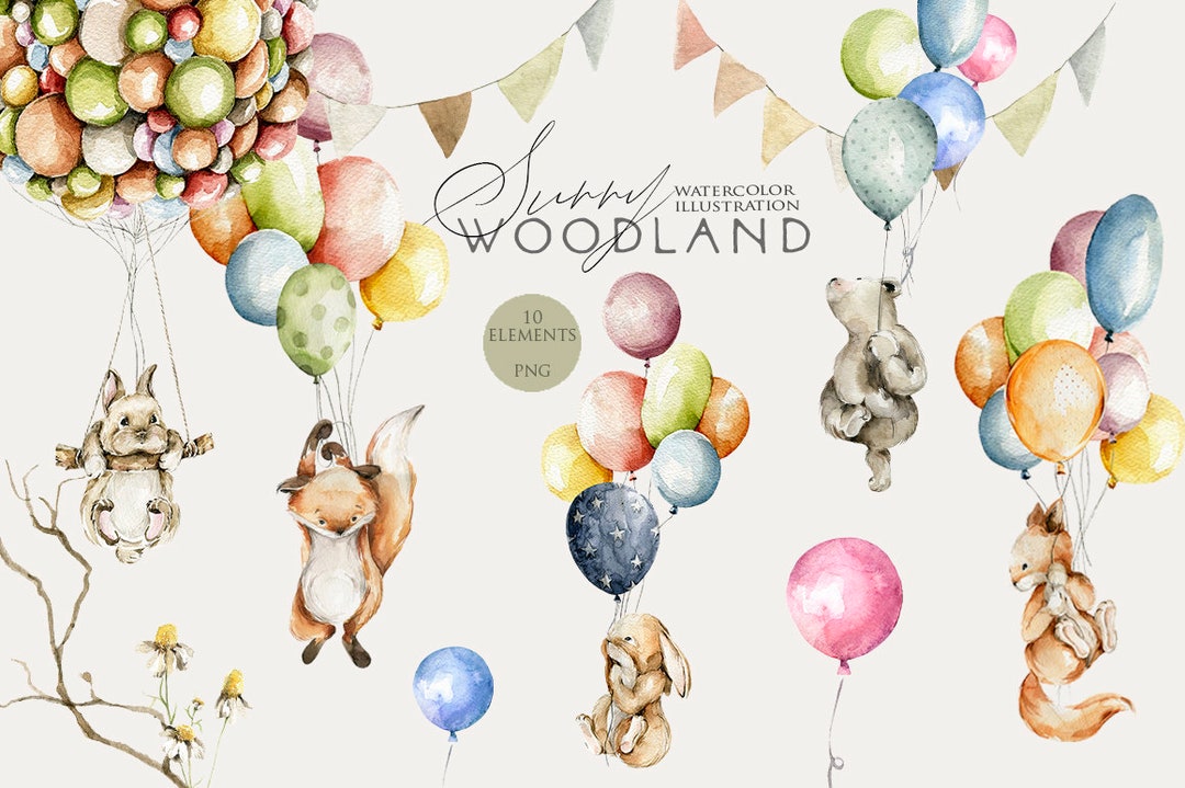 Birthday Animals Clipart Watercolor Cute Bunny Bear Fox Balloons ...