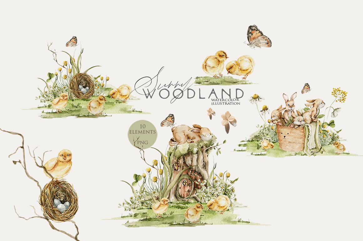 Watercolor Easter Clipart Cute Bunny Watercolour Woodland Rabbit Nest ...