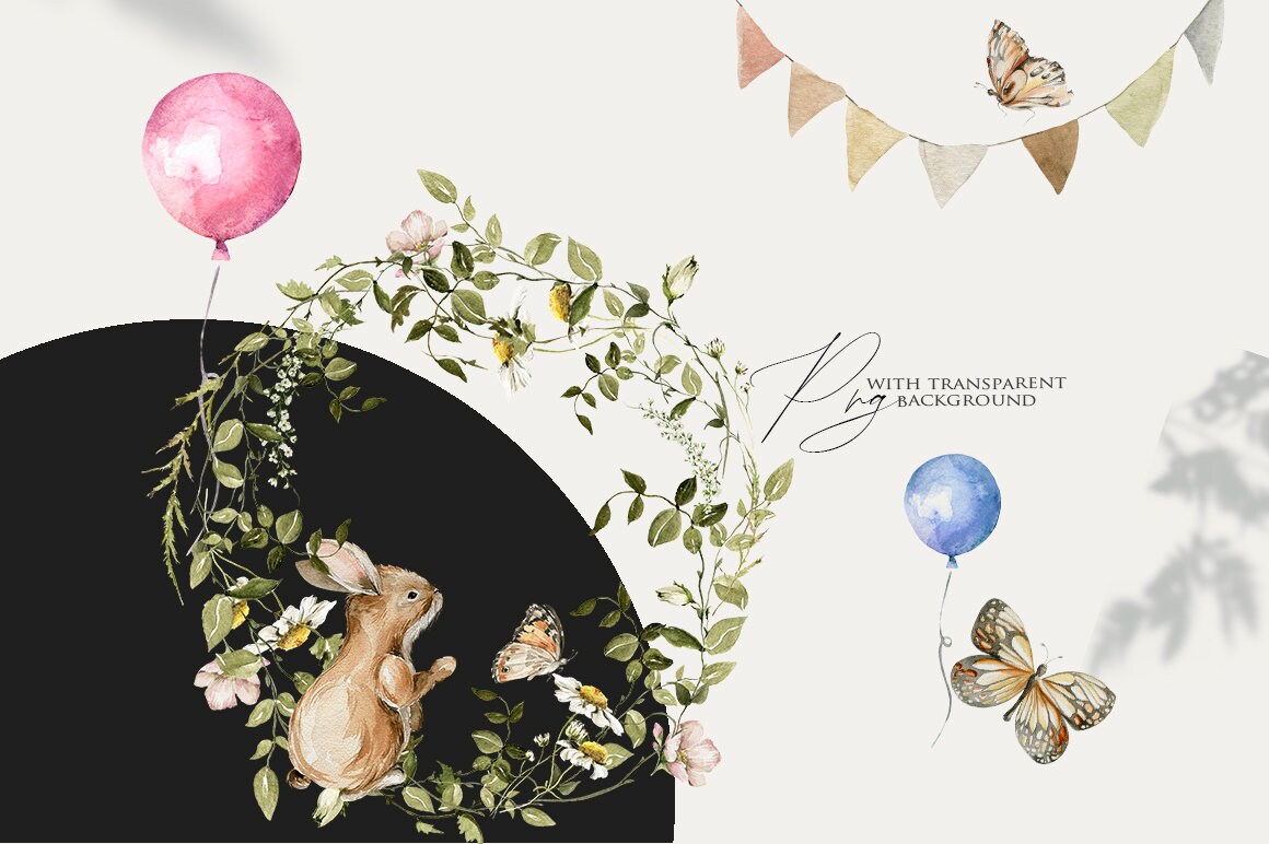 Woodland Animals Clipart Watercolour Floral Wreath Cute Bunny Bear Fox ...