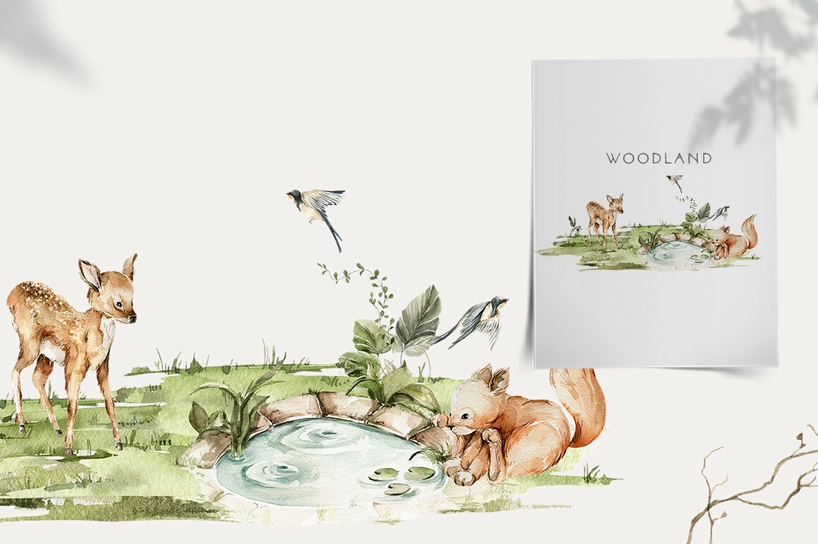 Woodland Clipart Cute Baby Animals Deer Fawn Squirrel Baby Girl Clip ...