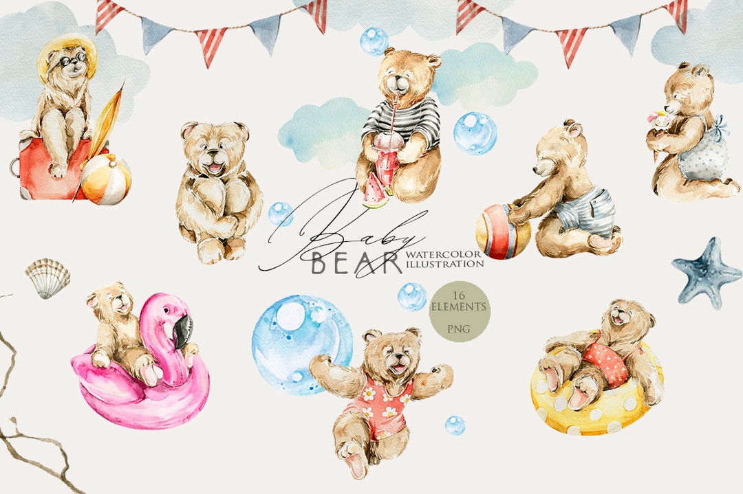 Baby Bear Clipart Watercolor Woodland Animals Baby Boy Clip Art Summer ...