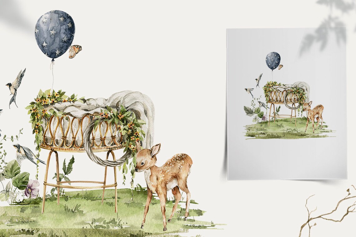 Baby Cradle Clipart Watercolor Woodland Watercolour Deer Little Fawn ...