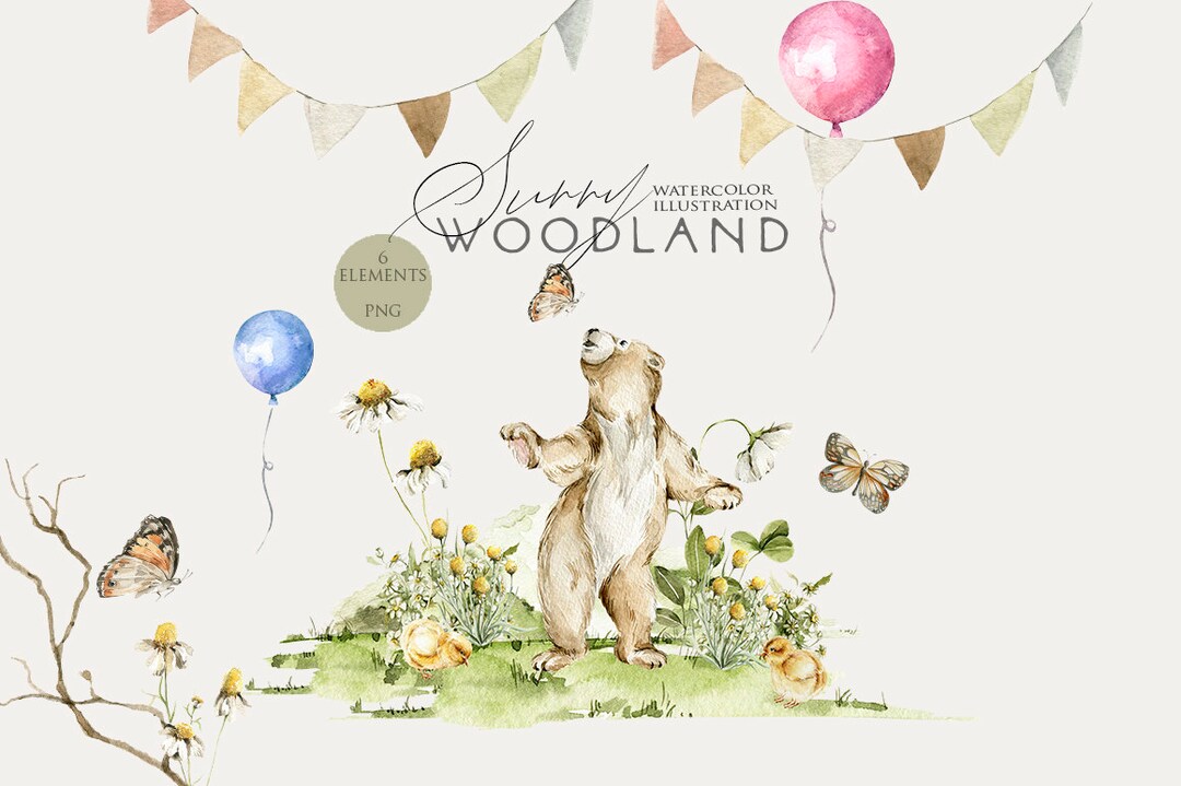 Woodland Animals Clipart Watercolour Cute Bear Balloons Woodland ...