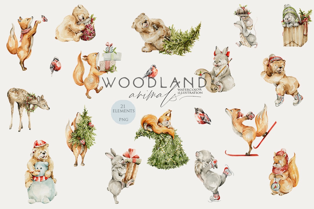 Christmas Animals Clipart Watercolor Woodland Animal Winter Holiday ...