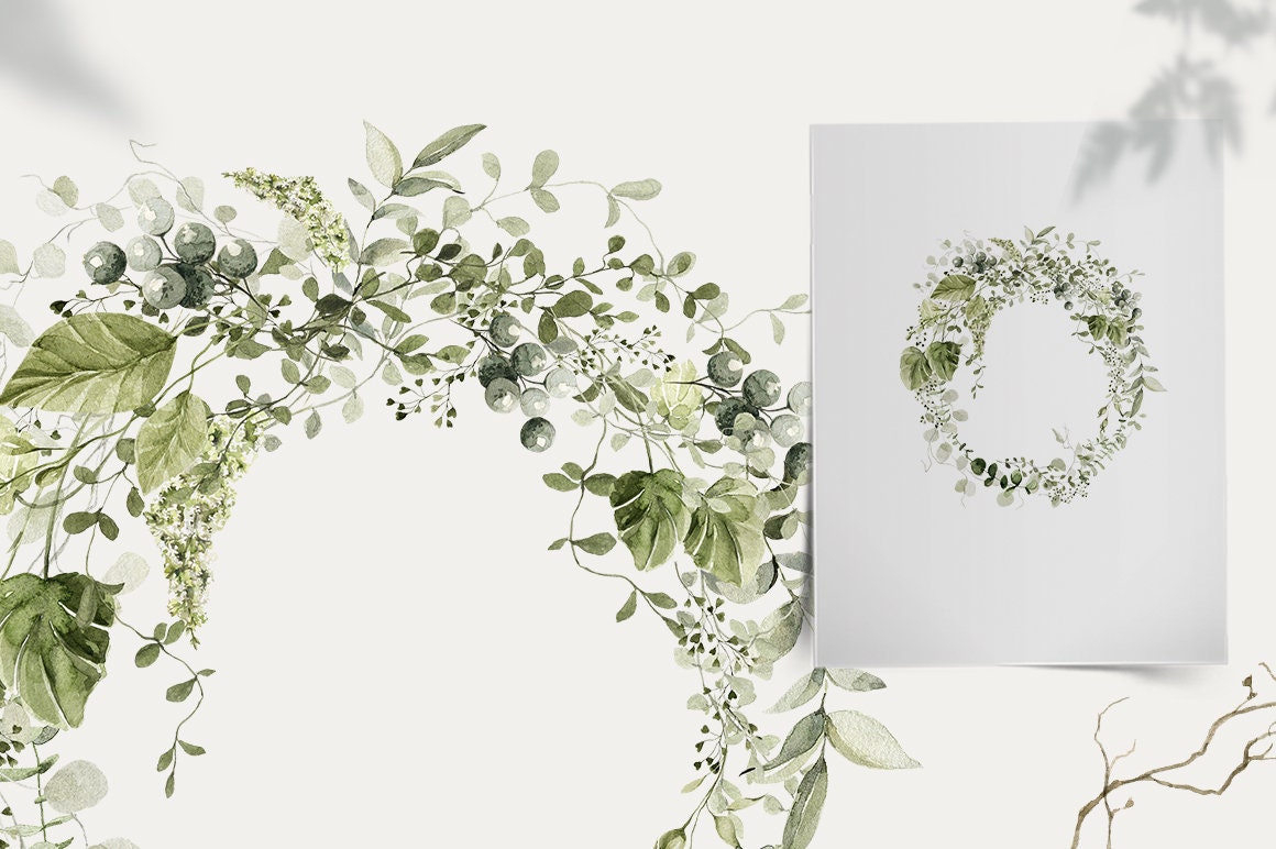 Greenery Wreath Clipart Watercolor Floral Frame Foliage Clip Art Green ...
