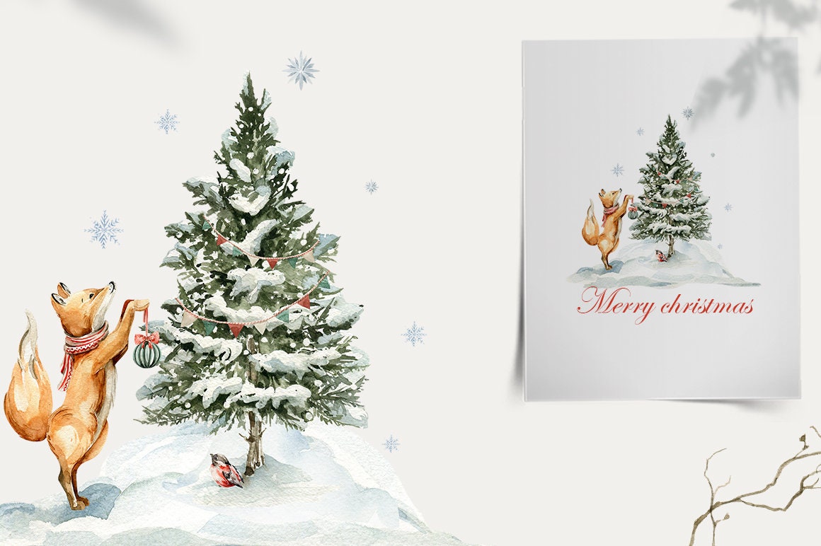 Woodland Animals Fox Clipart Christmas Forest Watercolor Animal Winter ...