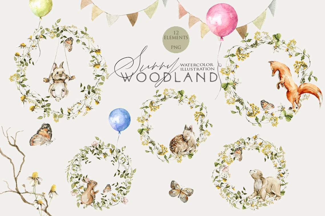 Woodland Animals Clipart Watercolour Floral Wreath Cute Bunny Bear Fox ...