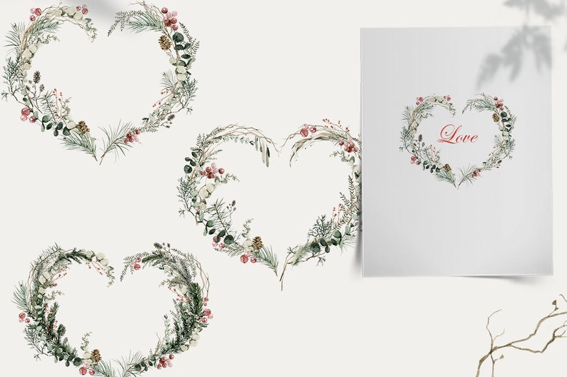 Floral Heart Clipart Watercolor Greenery Leaves Wreath Clip Art Forest ...