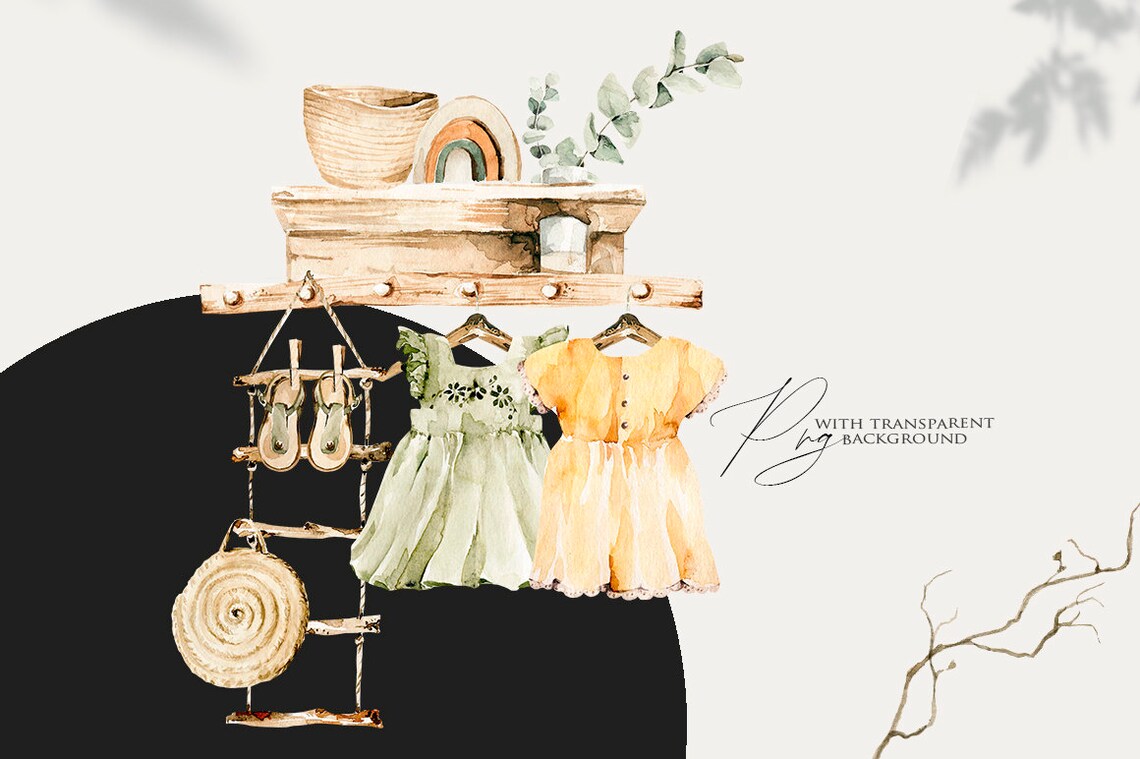 Baby Clothes Clipart Watercolor Girl Dresses Boho Nursery Clip Art Boho ...