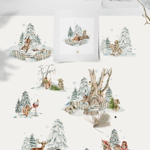 Woodland Christmas Clipart Winter Forest Cute Baby Animals Holiday Bear ...