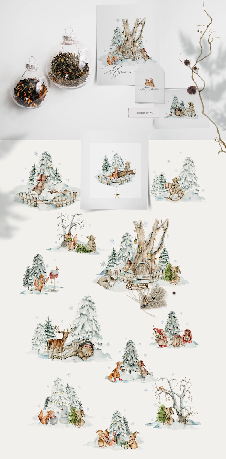 Woodland Christmas Clipart Winter Forest Cute Baby Animals Holiday Bear ...