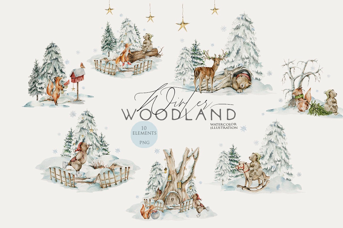 Winter Woodland Clipart Cute Baby Animals Watercolor Snowy Woodland ...