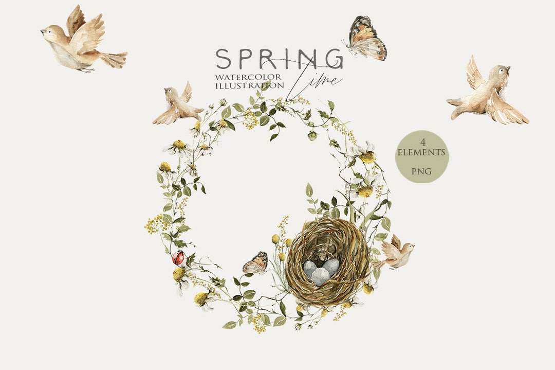 Spring Wreath Clipart Watercolor Bird Nest Field Flower Wildflowers ...