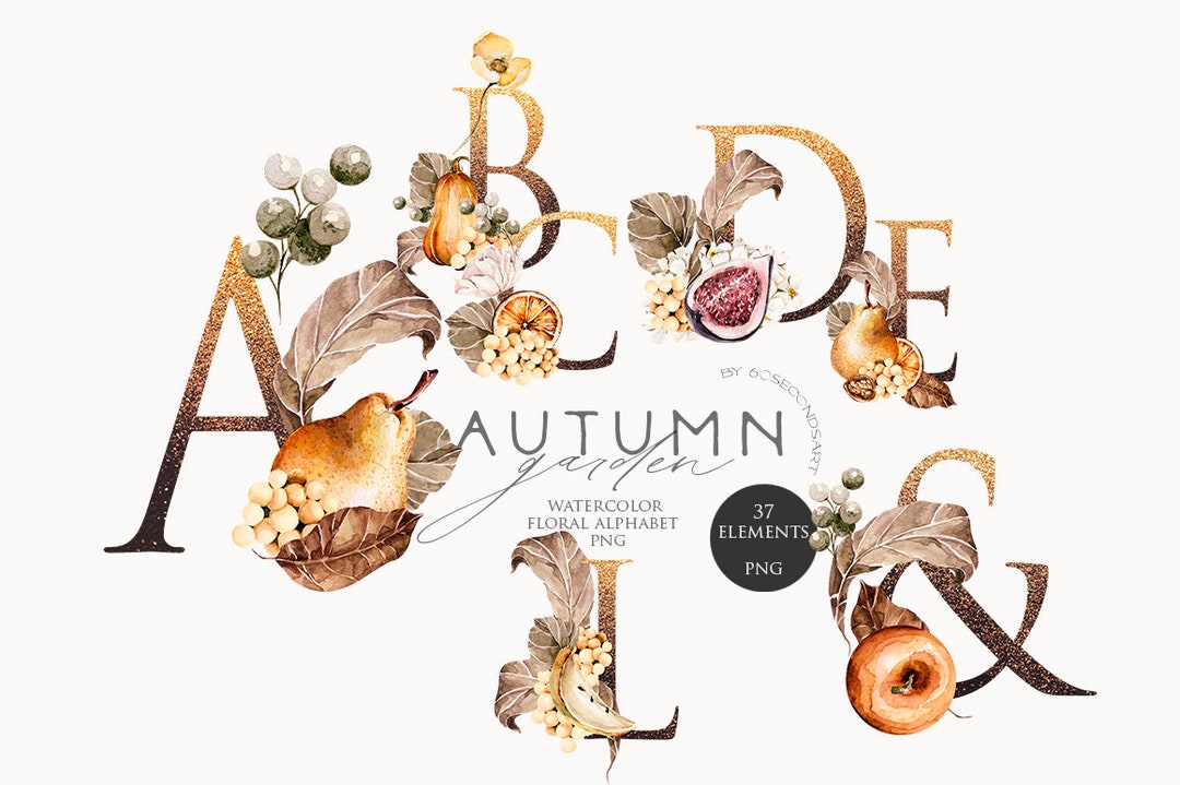 Autumn Clipart Floral Alphabet Gold Letters Clip Art Watercolor Flowers ...
