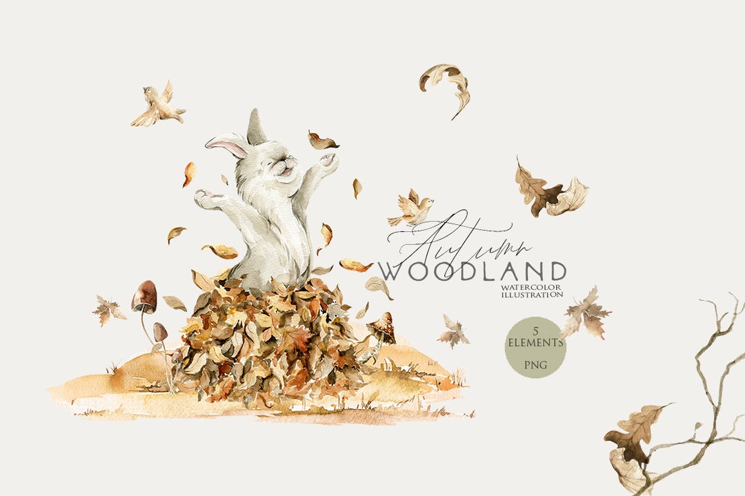 Baby Bunny Clipart Watercolor Woodland Animals Fall Leaves Watercolour ...