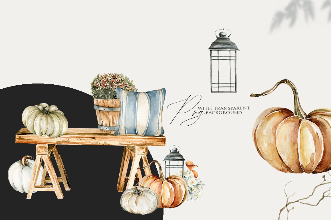 Autumn Garden Clipart Watercolor Pumpkins Cozy Autumn Fall Garden Clip ...